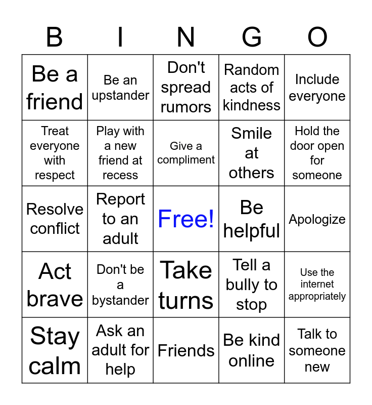 Anti Bullying and Kindness Bingo Card