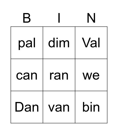 In the Van words Bingo Card