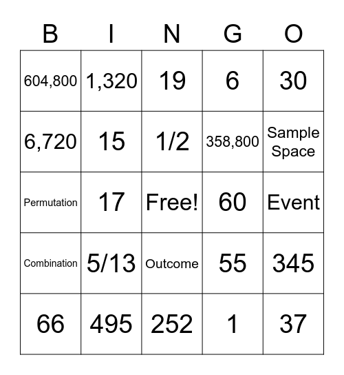 Probability Bingo Card
