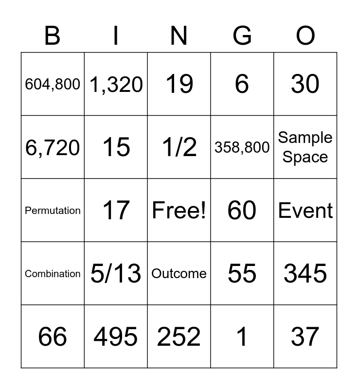 Probability Bingo Card