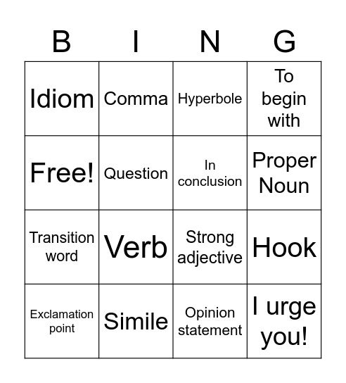 Writing Bingo Card