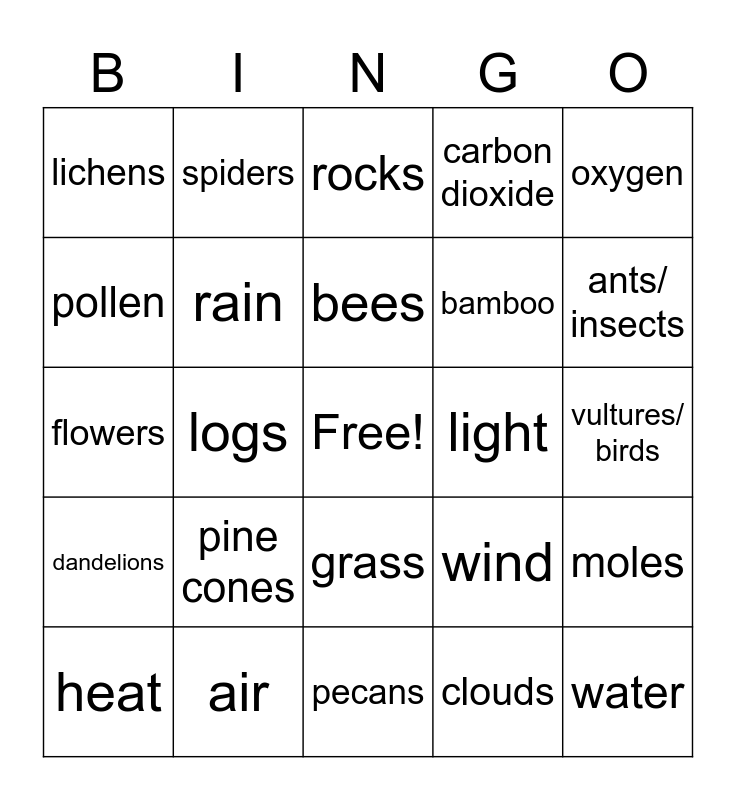 Berkeley Middle School Biotic and Abiotic Factors Bingo Card