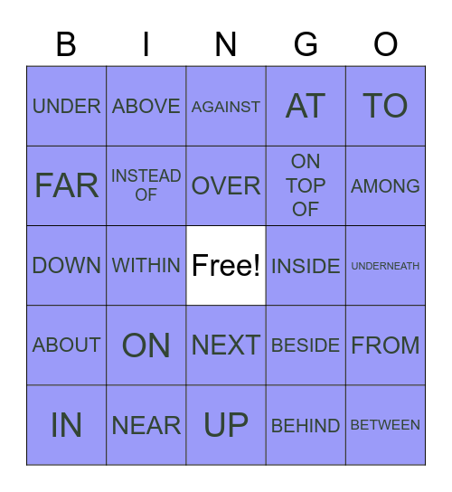 PREPOSITIONS Bingo Card