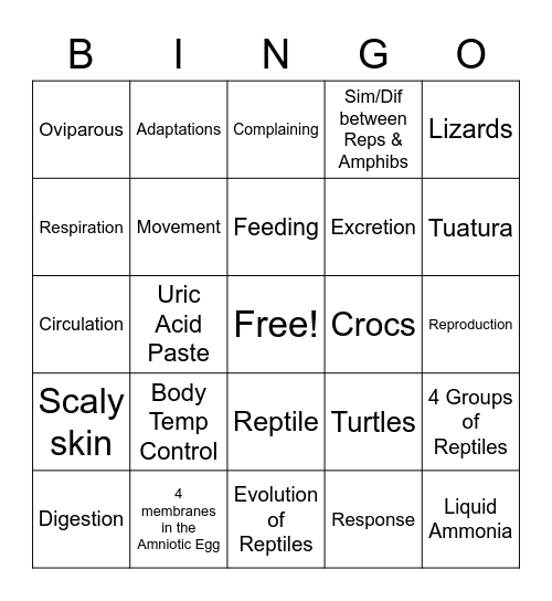 Reptile BINGO Card