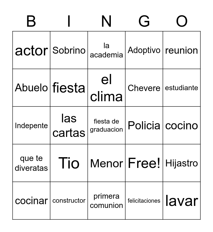 LA familia Bingo Card