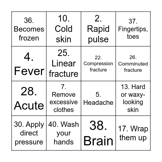 First Aid Bingo Card