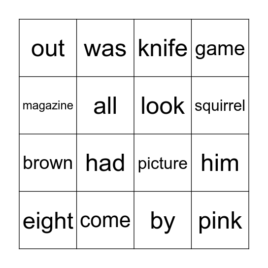 Edmark Words 113-128 Bingo Card