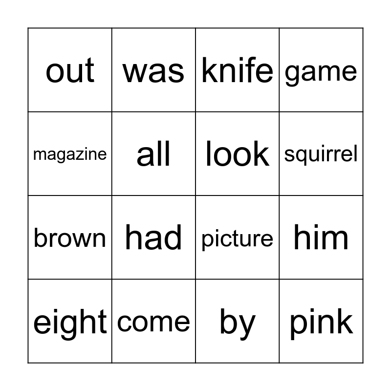 Edmark Words 113-128 Bingo Card