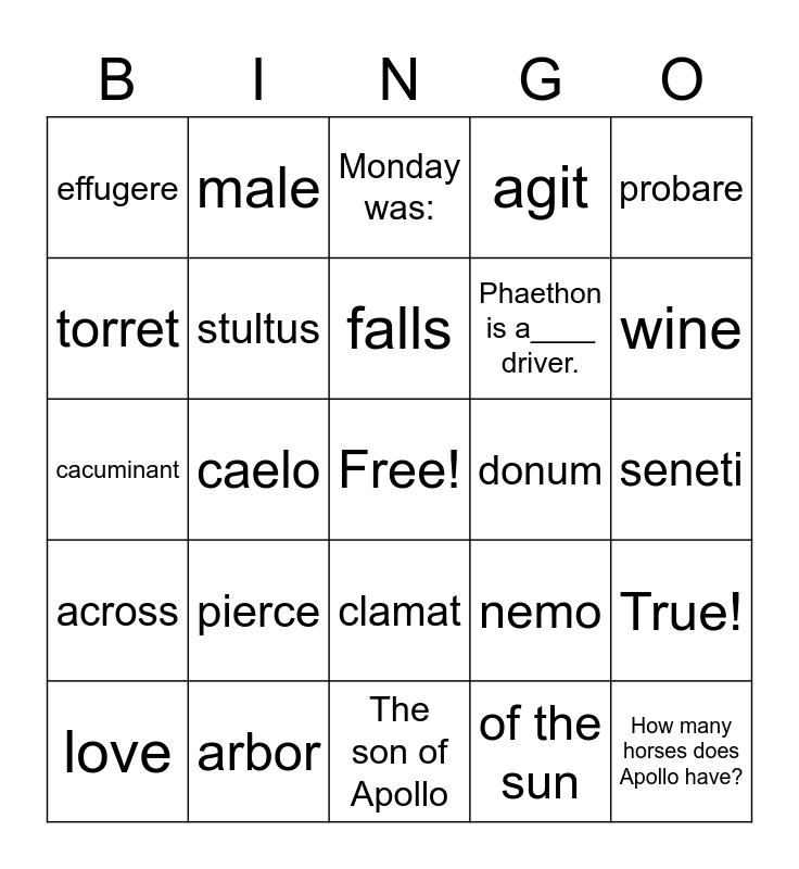 Latin I Review Bingo Card