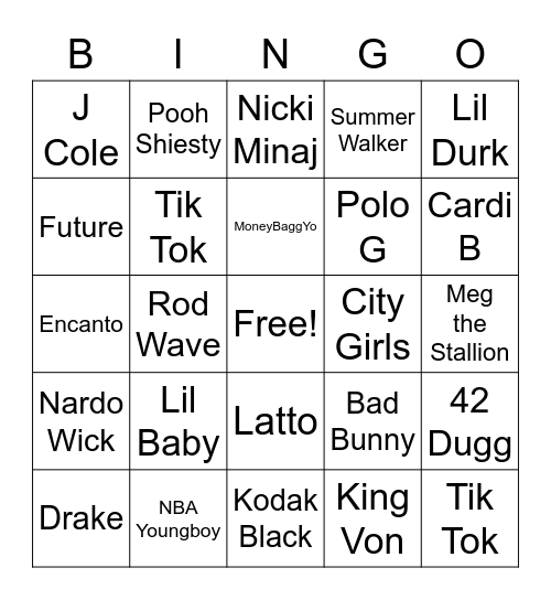 Hip Hop Bingo Card