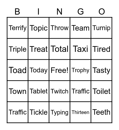 Letter T Bingo Card