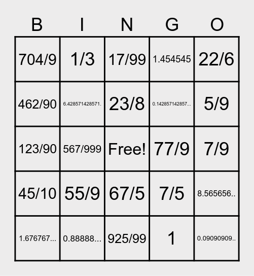 Rational Numbers Bingo Card