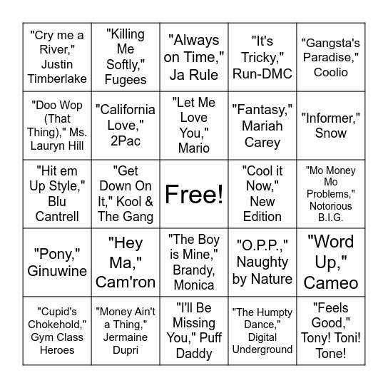Rap, Hiphop, R&B Bingo Card
