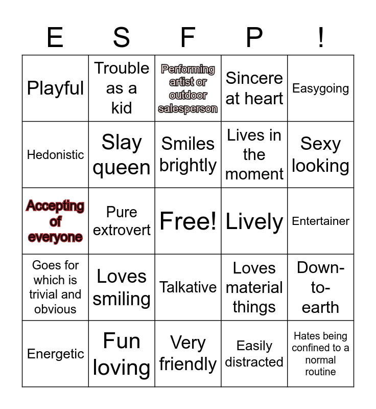 ESFP MBTI Bingo Card