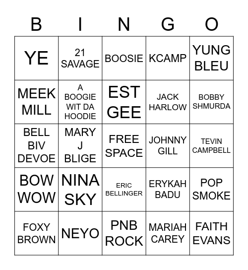 HIP - HOP & RNB Bingo Card