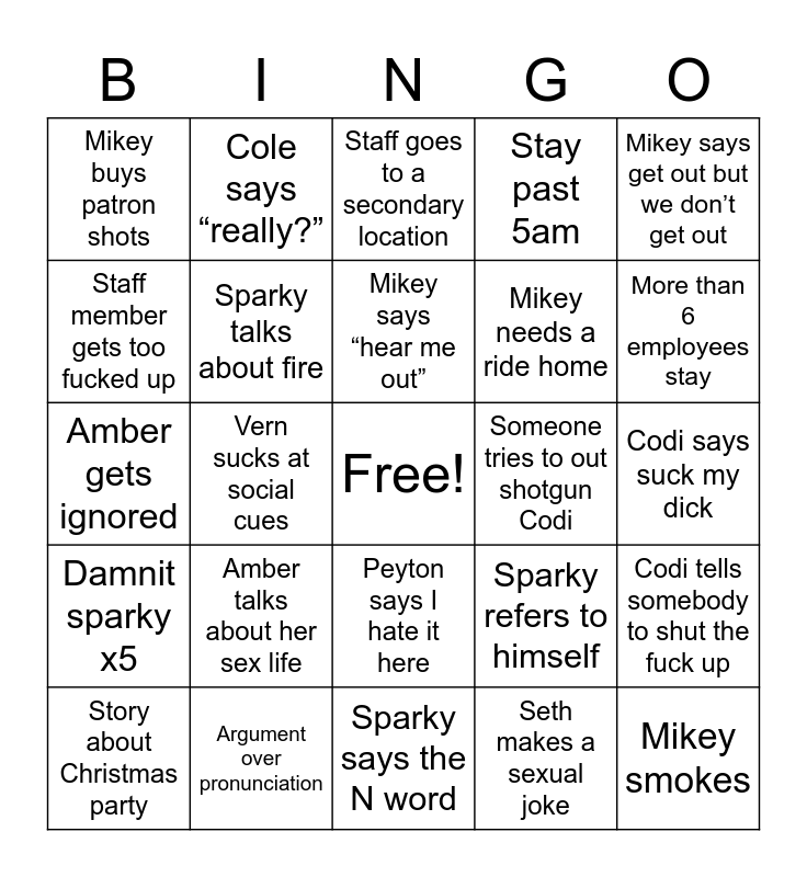 After Hours Bingo Card