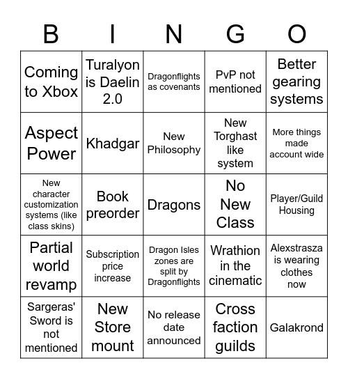 World of Warcraft Dragonflight Reveal Bingo Card