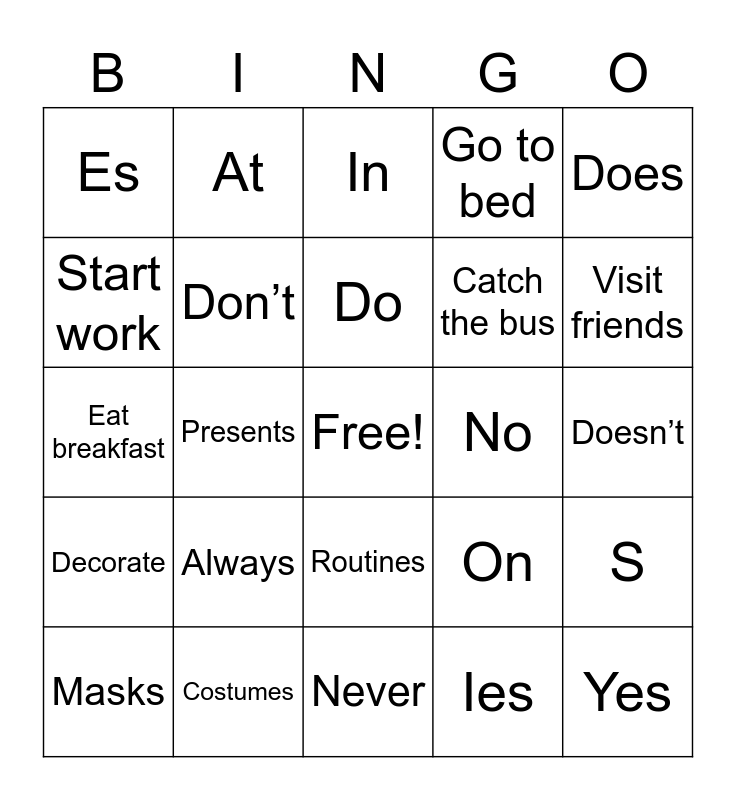 Chapter 2 - Present Tense Bingo Card