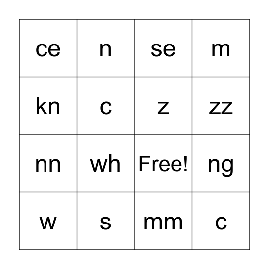 Spelling Bingo Card