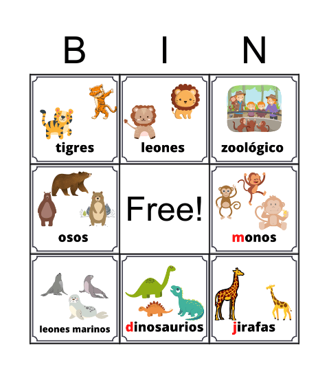 Animales Bingo Card