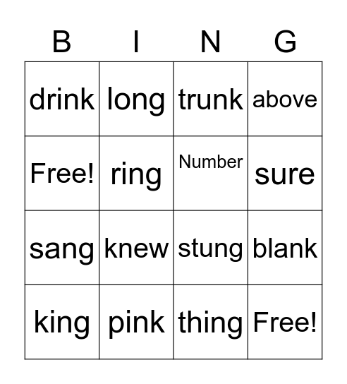 Spelling Words. (ng, nk, ing) Bingo Card