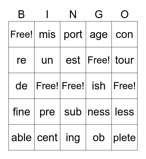 VOCABULARY PRACTICE - prefix/suffix Bingo Card