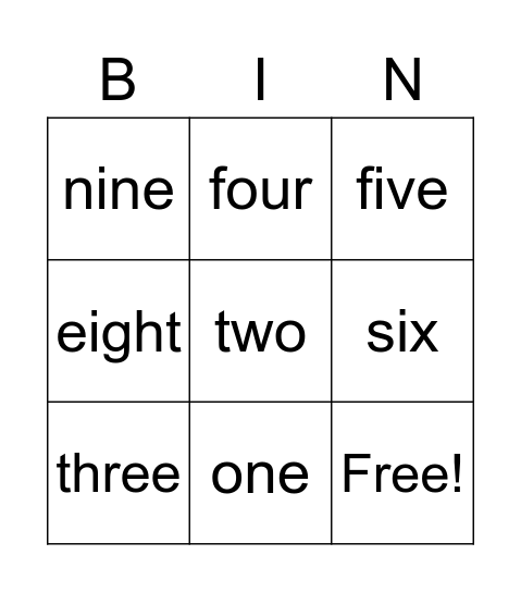 Numbers 1-10 Bingo Card