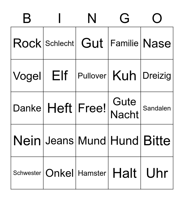 German Review Bingo Card