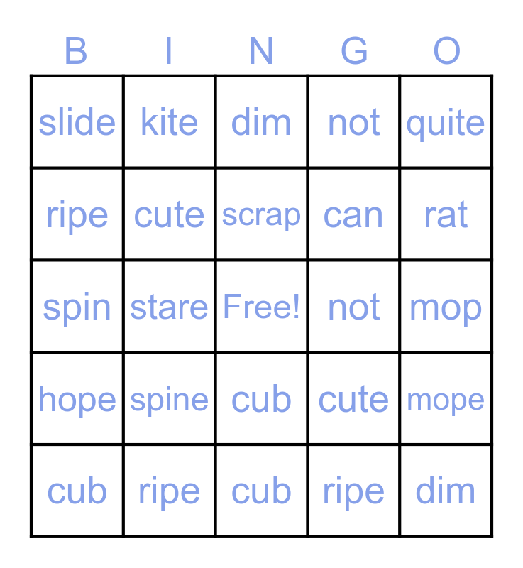 Magic E Bingo Card