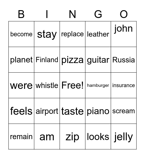 NOUN OR VERB Bingo Card