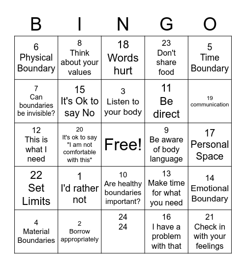 Boundaries Bingo Card