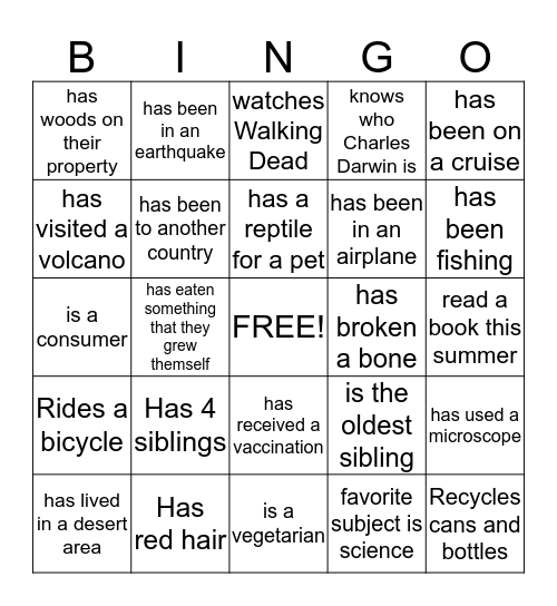 Living Environment- Get to Know You- Bingo Card