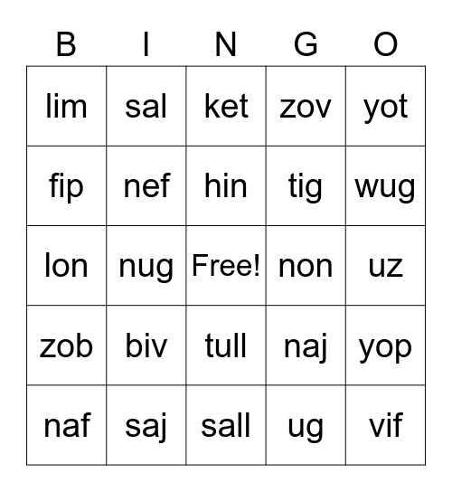 nonsense words Bingo Card