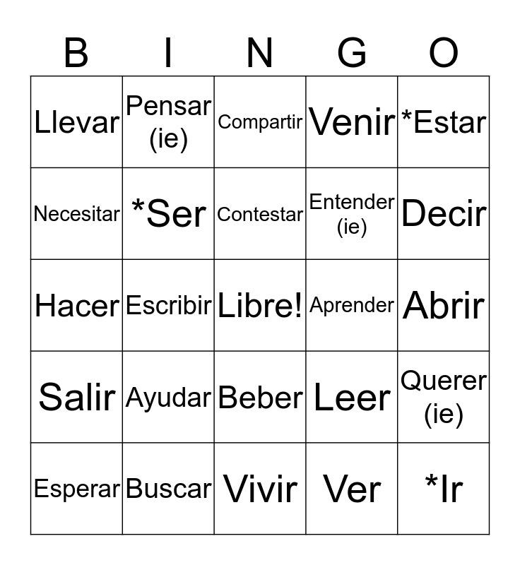 Spanish Bingo Card