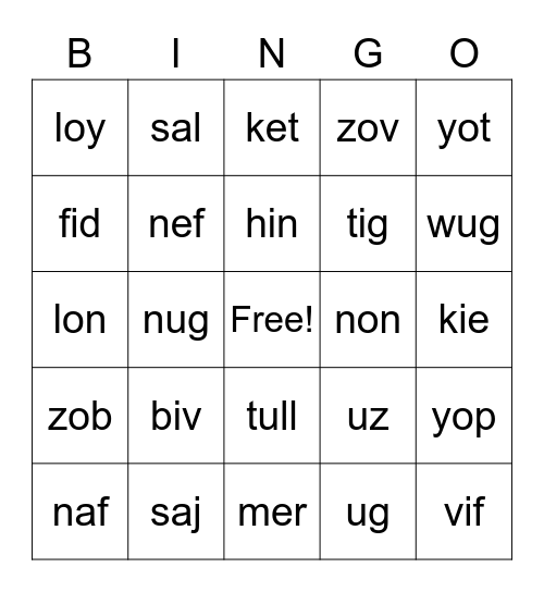 nonsense words Bingo Card