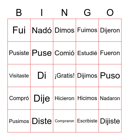 Preterite Bingo Card