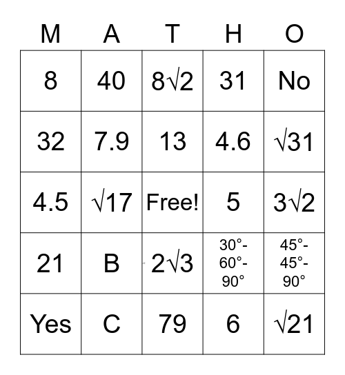 Right Triangles Review Bingo Card