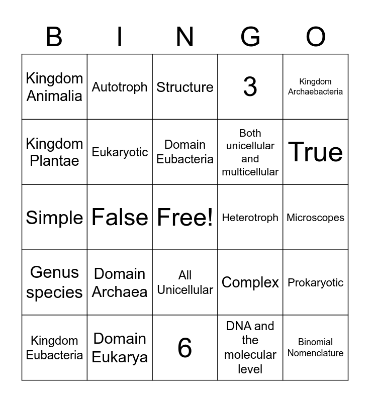 Classification Bingo Card