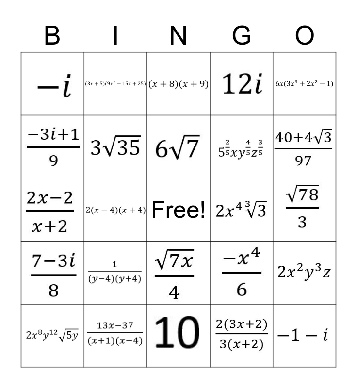 Expressions and Operations Bingo Card