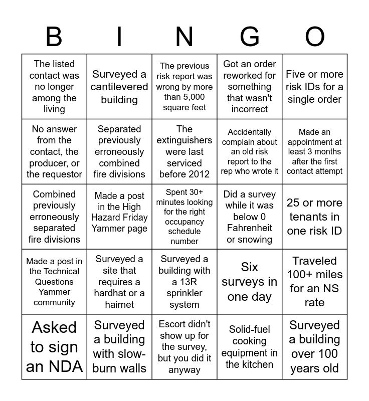 Field Rep Bingo Card
