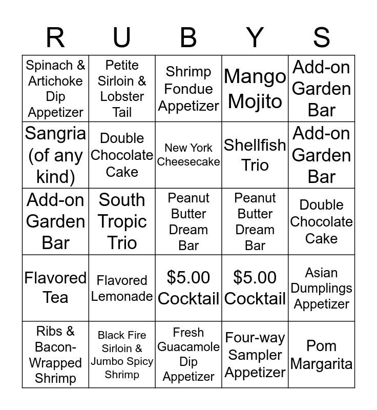 Ruby Tuesday Bingo Card Bingo Card