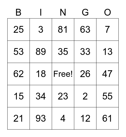 Prime Number Bingo Card