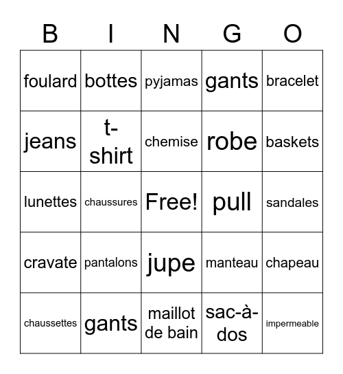 Les vetements Bingo Card