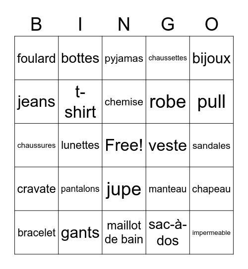 Les vetements Bingo Card