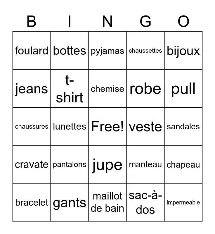 Les vetements Bingo Card