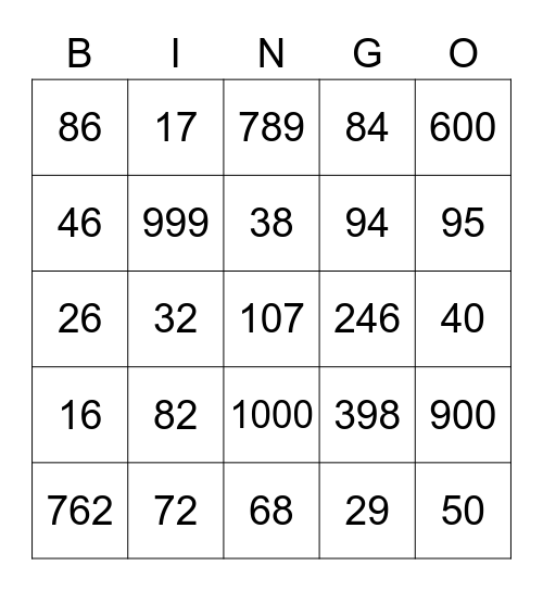 NUMBER BINGO 1-1000 Bingo Card