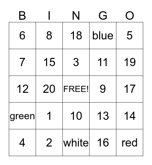 Numbers 1-20 Bingo Card