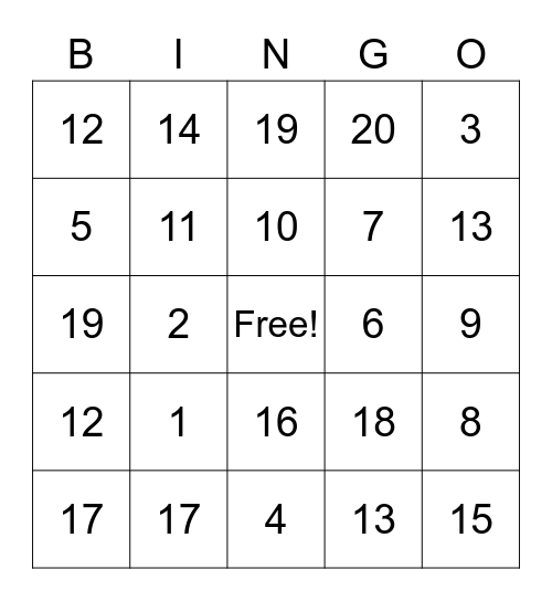 0-20 Teen Number Bingo Card