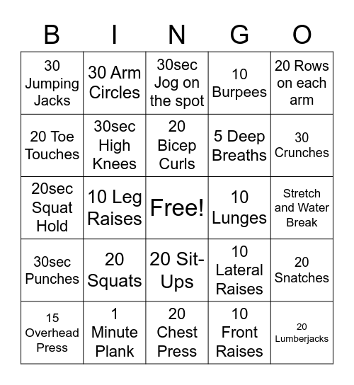 Fitness Bingo Card