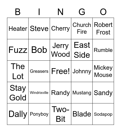 The Outsiders Bingo Card